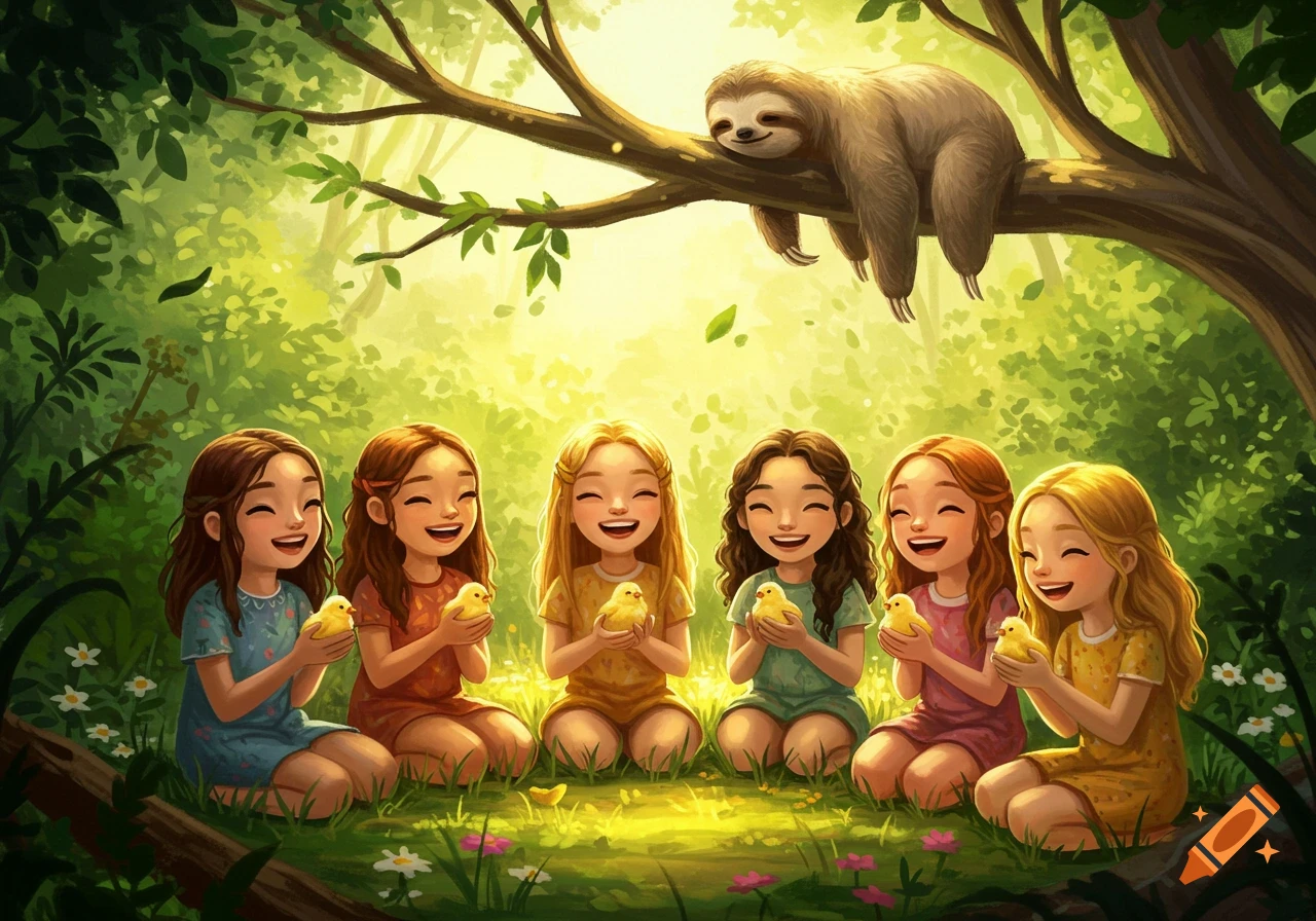 A friendly cartoon bear talks to happy children on blankets in a sunny ...