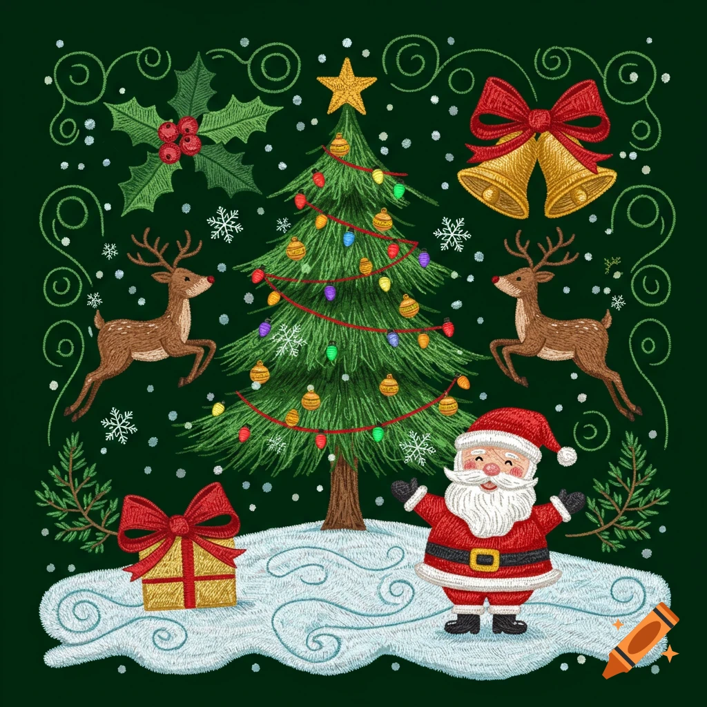 Illustrated Christmas card with two teddy bears in Santa outfits, a ...