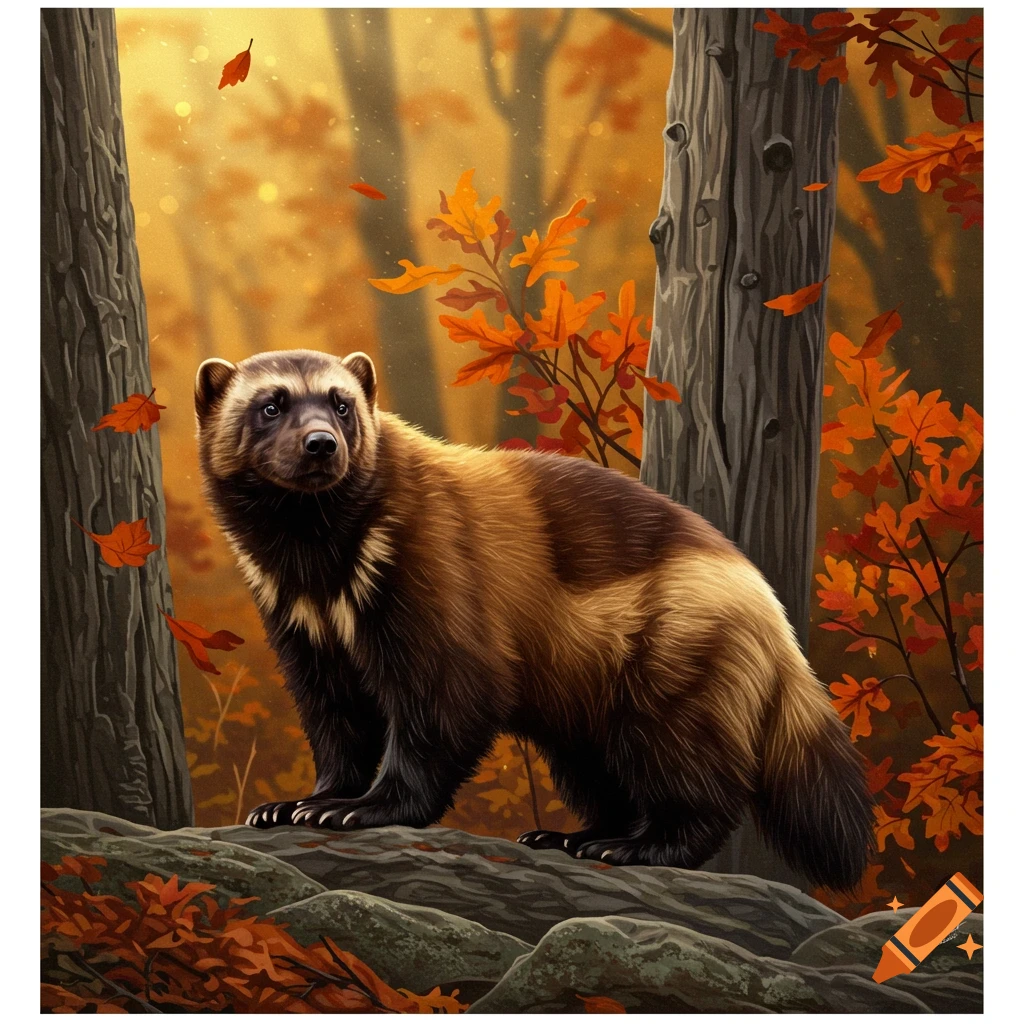 A majestic wolverine stands on rocks in a vibrant autumnal forest with ...