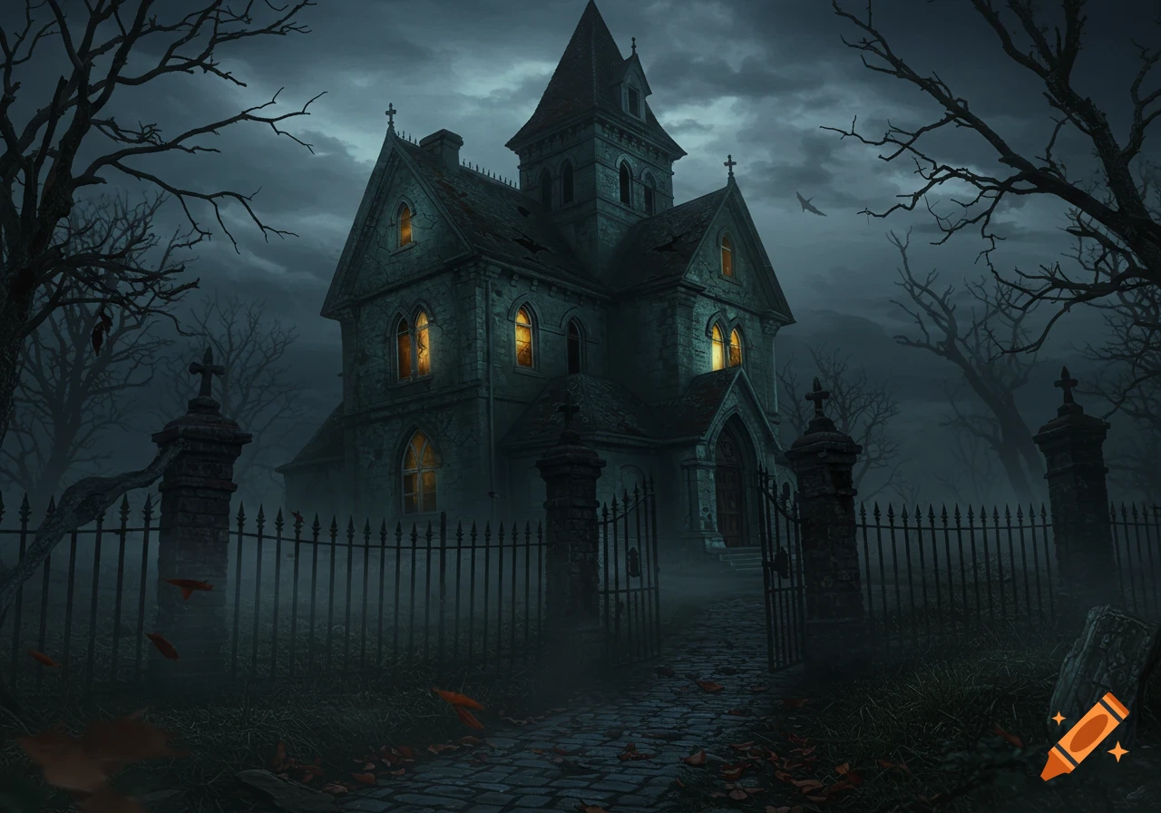 Spooky gothic haunted house with glowing red windows behind an open ...