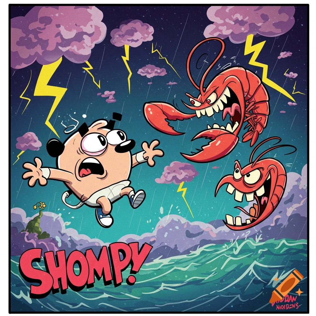 Scared cartoon character in diaper fleeing giant angry shrimp and ...