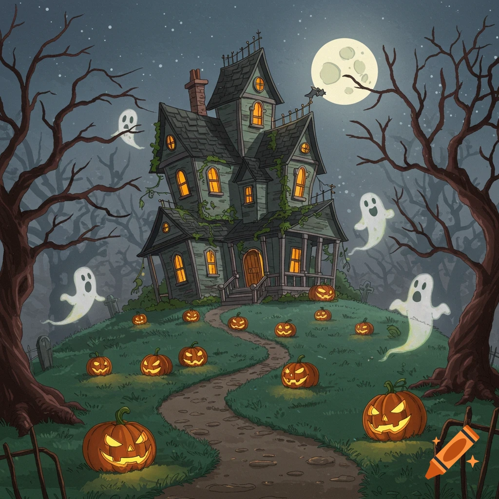 An illustration of a spooky Halloween forest with glowing jack-o ...