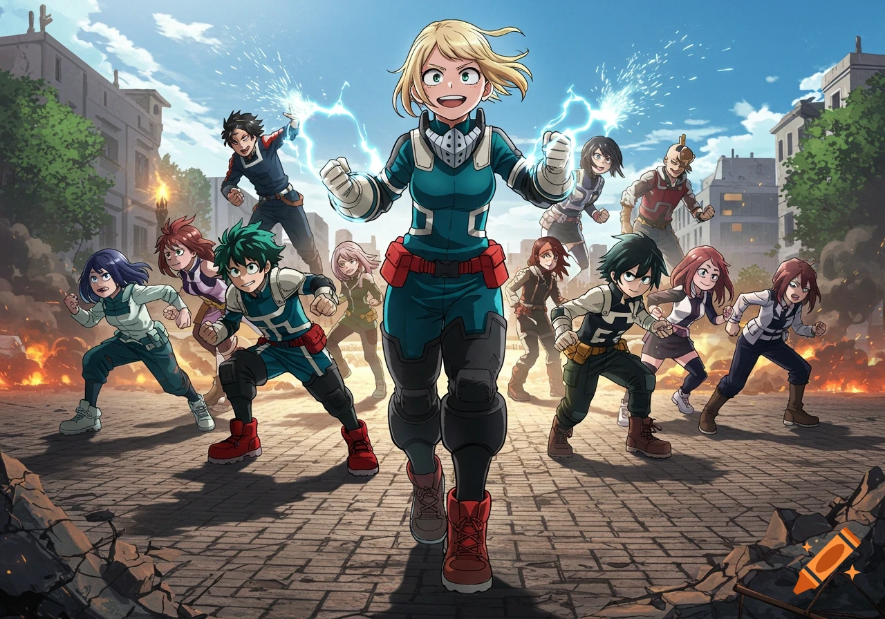 A group of anime superhero students running forward with determination ...