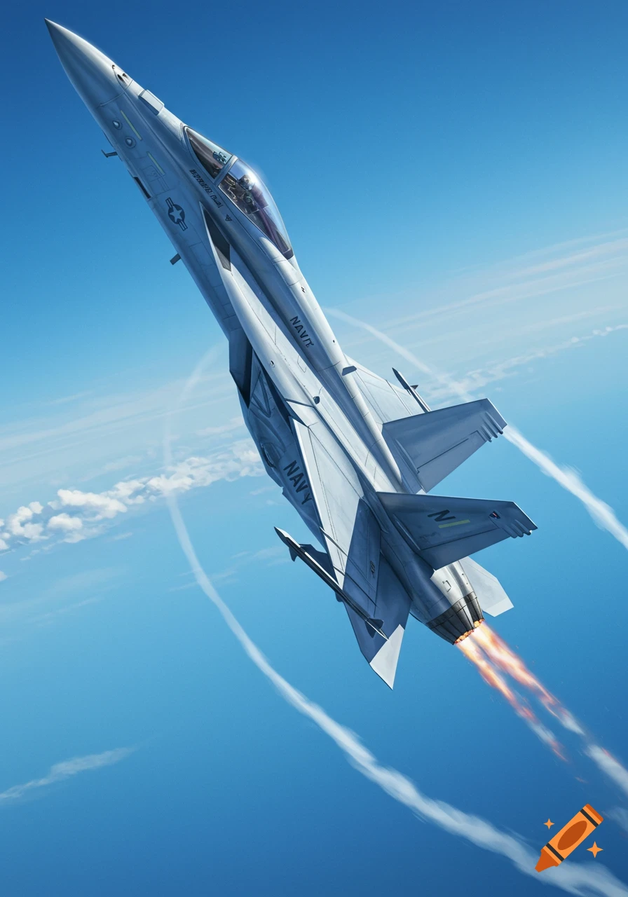 A gray F-18 Super Hornet fighter jet ascends sharply against a clear ...