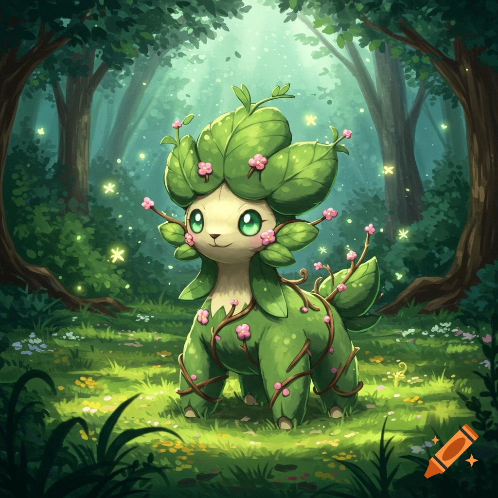 A cute, light green, bumpy dragon creature with a fruit stem on its ...