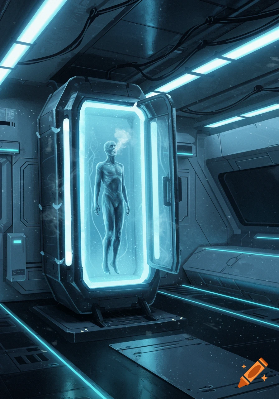 A glowing human figure stands in an open cryopod inside a dark ...