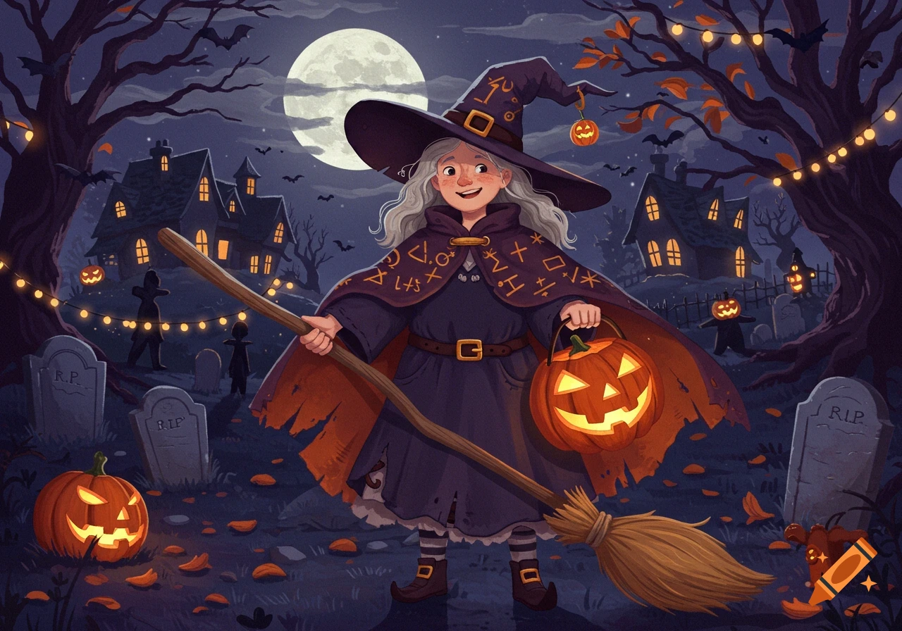 A painterly illustration features a glowing-eyed skeleton and a smiling ...