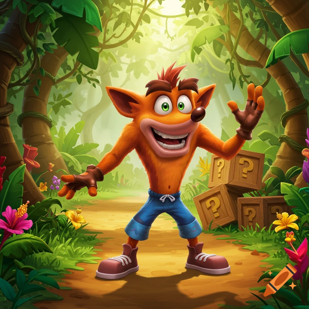 A cheerful, orange penguin resembling Crash Bandicoot grins in a ...