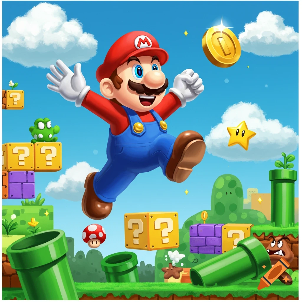 Mario jumps in a colorful cartoon landscape with question blocks, pipes ...