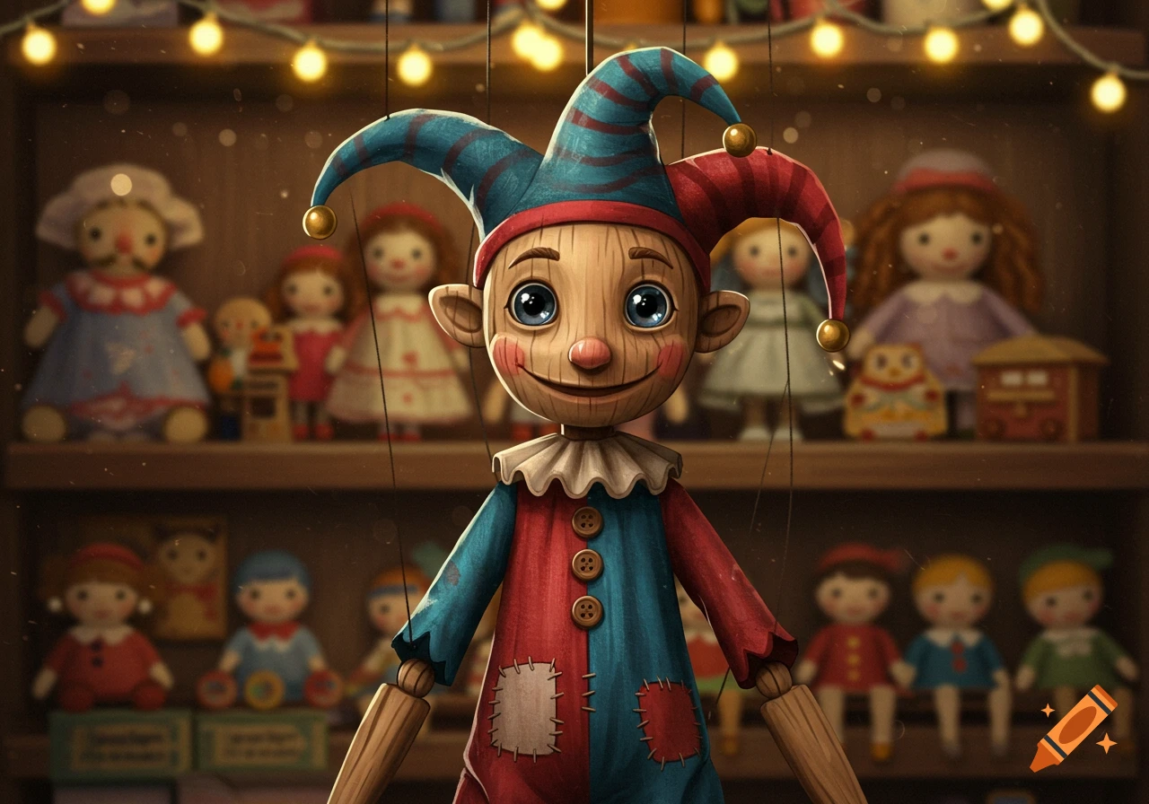 Smiling wooden jester puppet with blue eyes stands before shelves of ...
