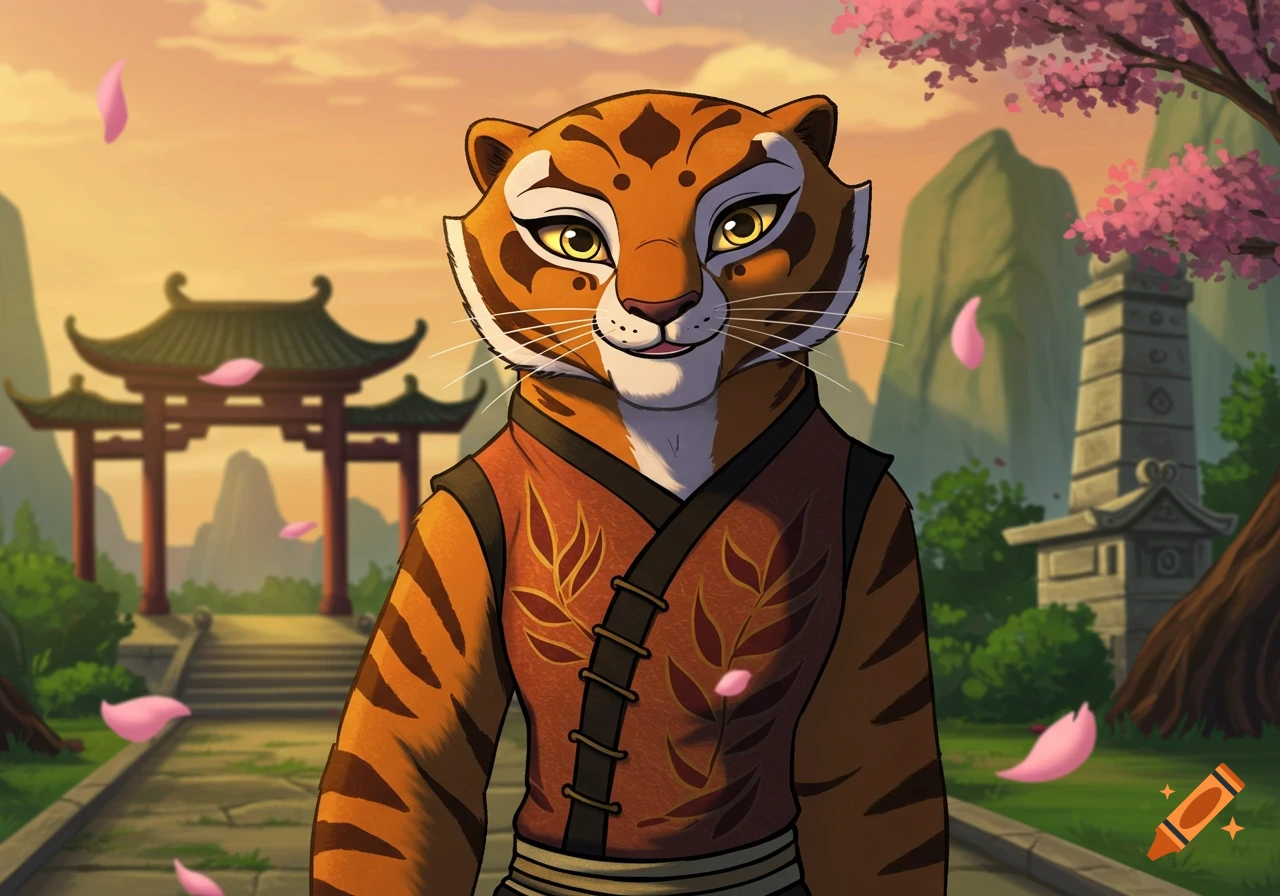 Cartoon Tigress from Kung Fu Panda smiles on a path with East Asian ...