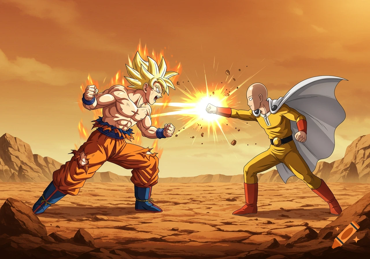 Saitama punches Goku, who glows with power, in a dusty, rocky anime ...