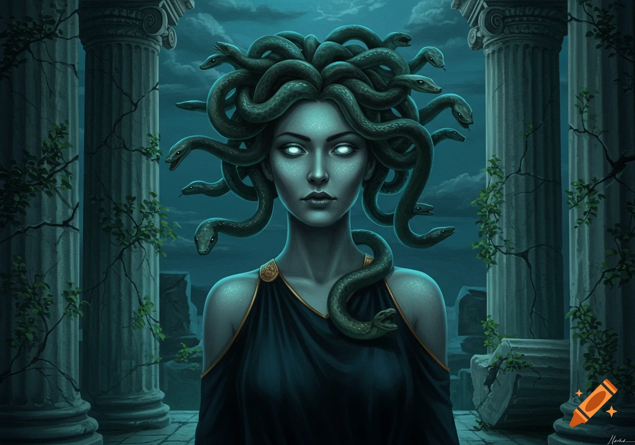 Dark fantasy illustration of an old, monstrous Medusa with snakes for ...