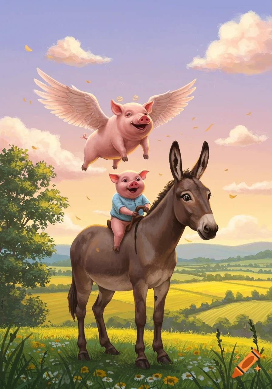 Cartoon flying pig above a piglet riding a donkey in a sunny, green ...