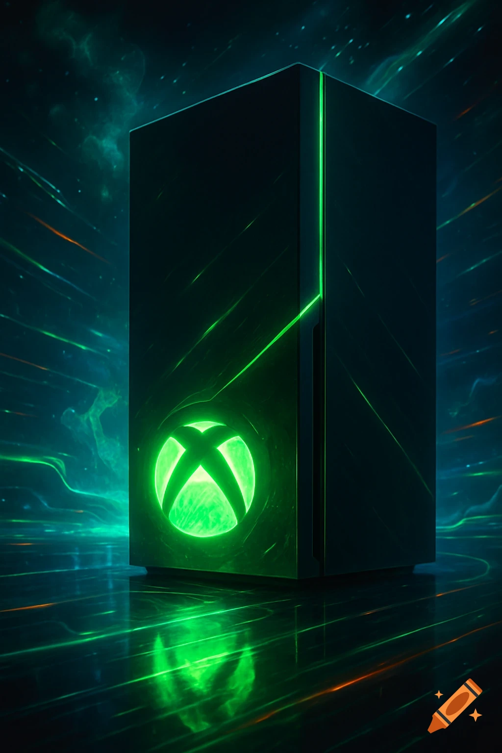 A black Xbox Series X console with a glowing green logo on a glass ...