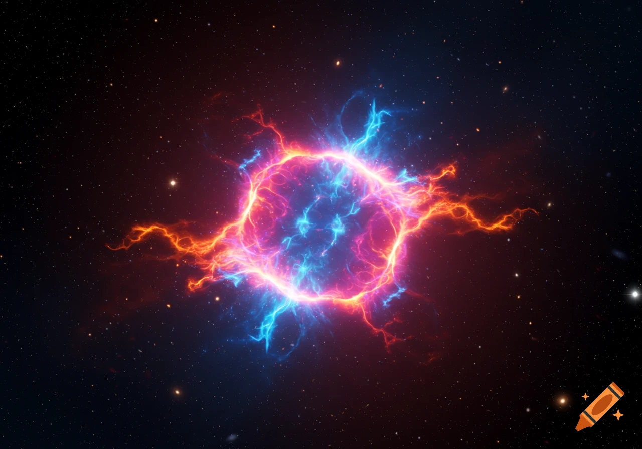 A vibrant cosmic explosion in deep space with glowing plasma and debris ...