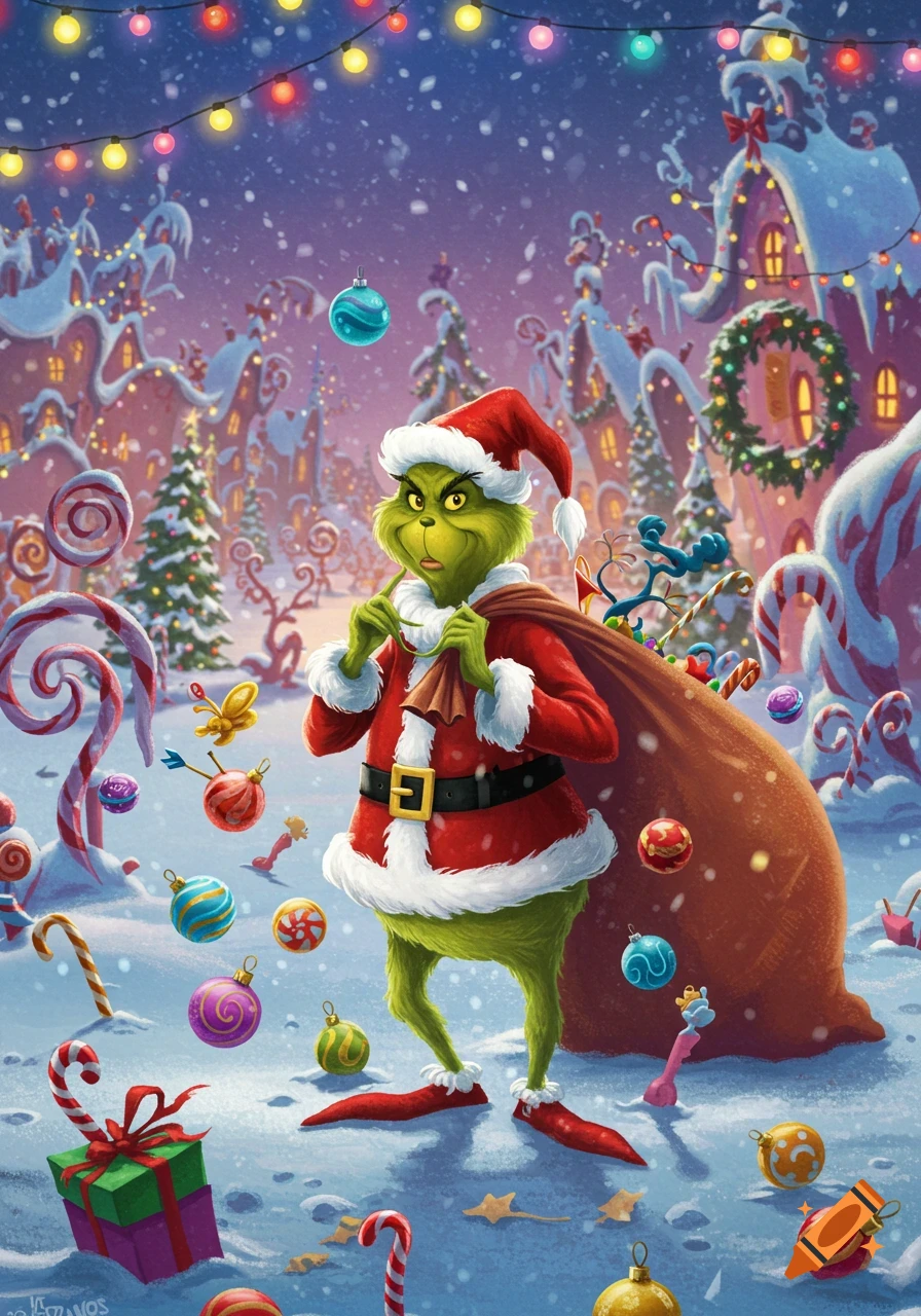 Illustrated Grinch-like character with a human face, wearing a Santa ...