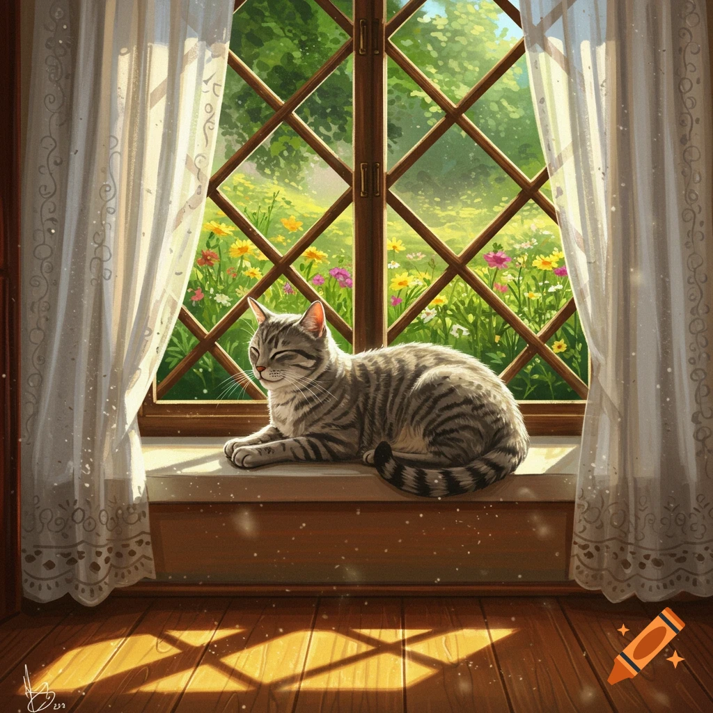 Stylized illustration of a tabby cat resting on a sunlit window sill ...