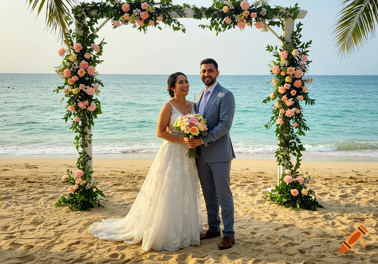 A smiling bride and groom pose in a sunlit field of pink and purple ...