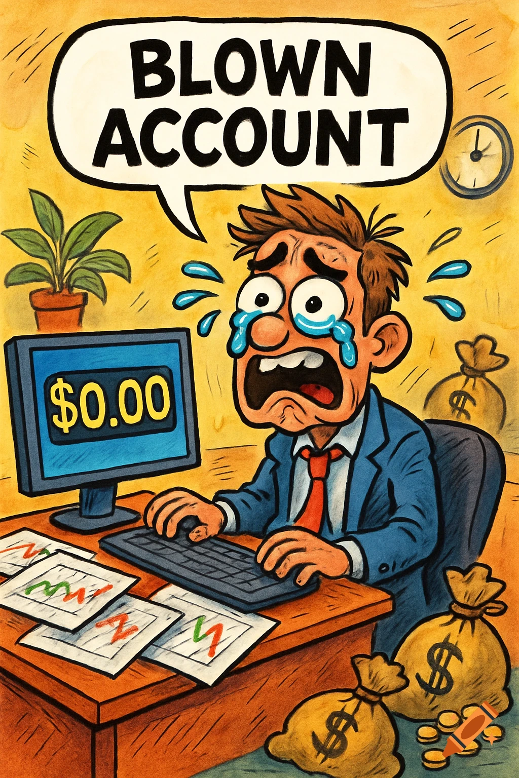 Cartoon man crying at a desk with a computer showing '$0.00' and a ...