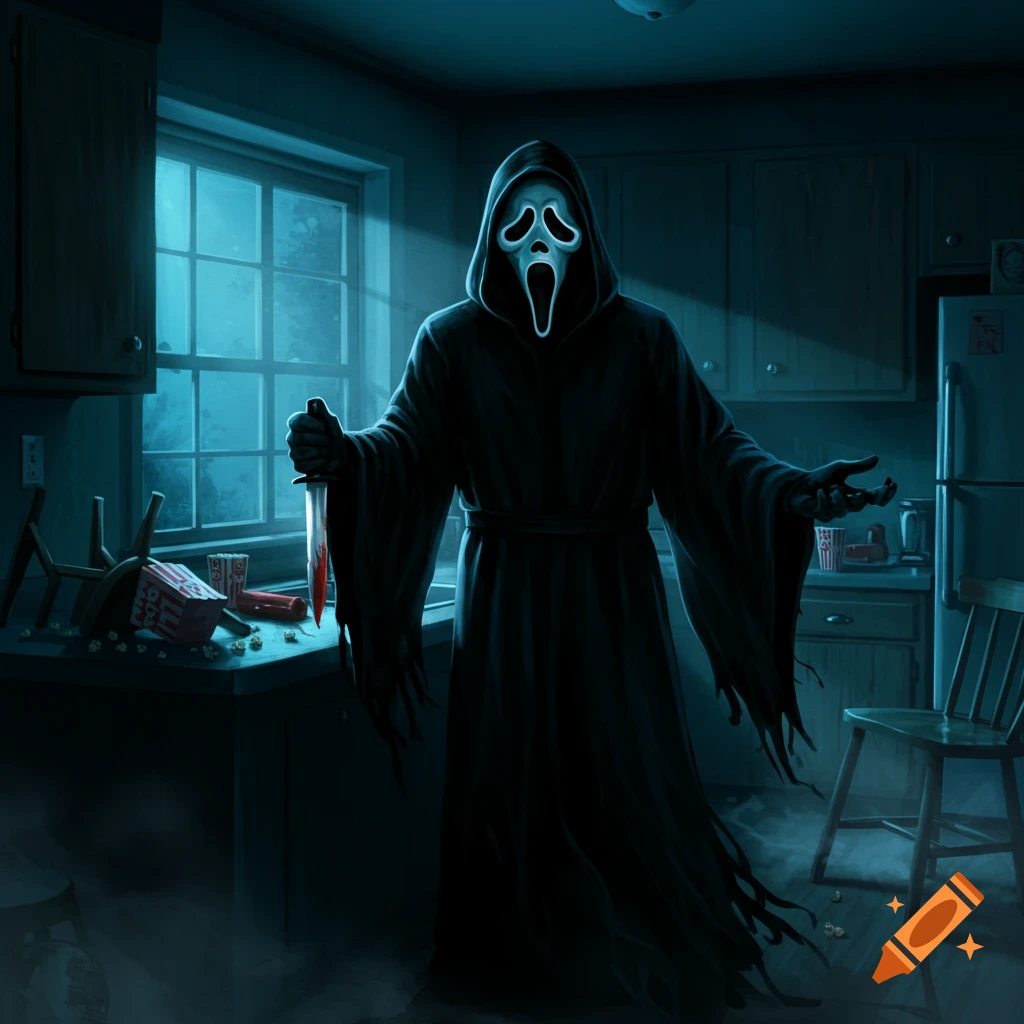 Stylized digital art of Ghostface holding a smartphone in the dark with ...