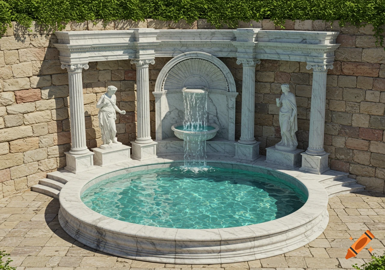 Photorealistic ancient Roman-style fountain with a circular turquoise ...