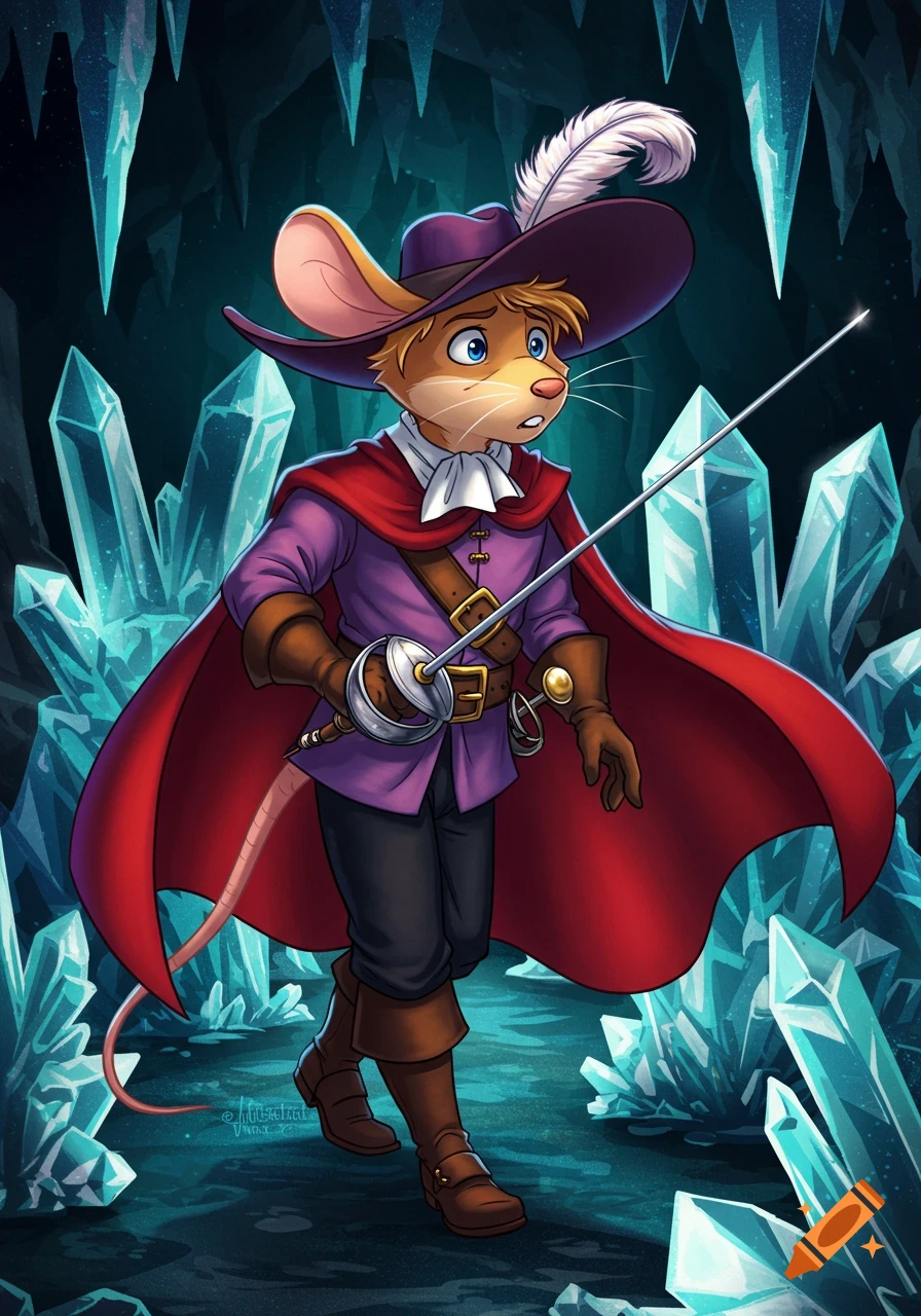 A cartoon musketeer mouse in a purple hat and red cape walks nervously ...