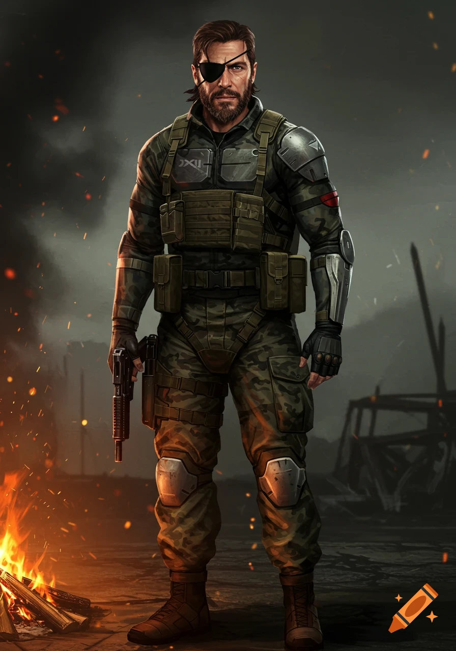 A grizzled, one-eyed soldier in camouflage and tactical gear, holding a ...