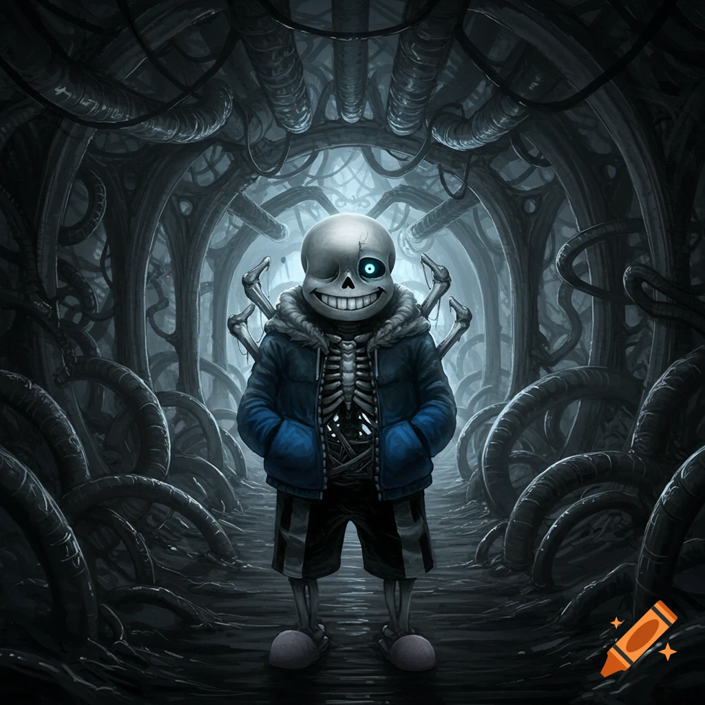 Sans from Undertale stands smiling in a dark, foggy alley with glowing ...