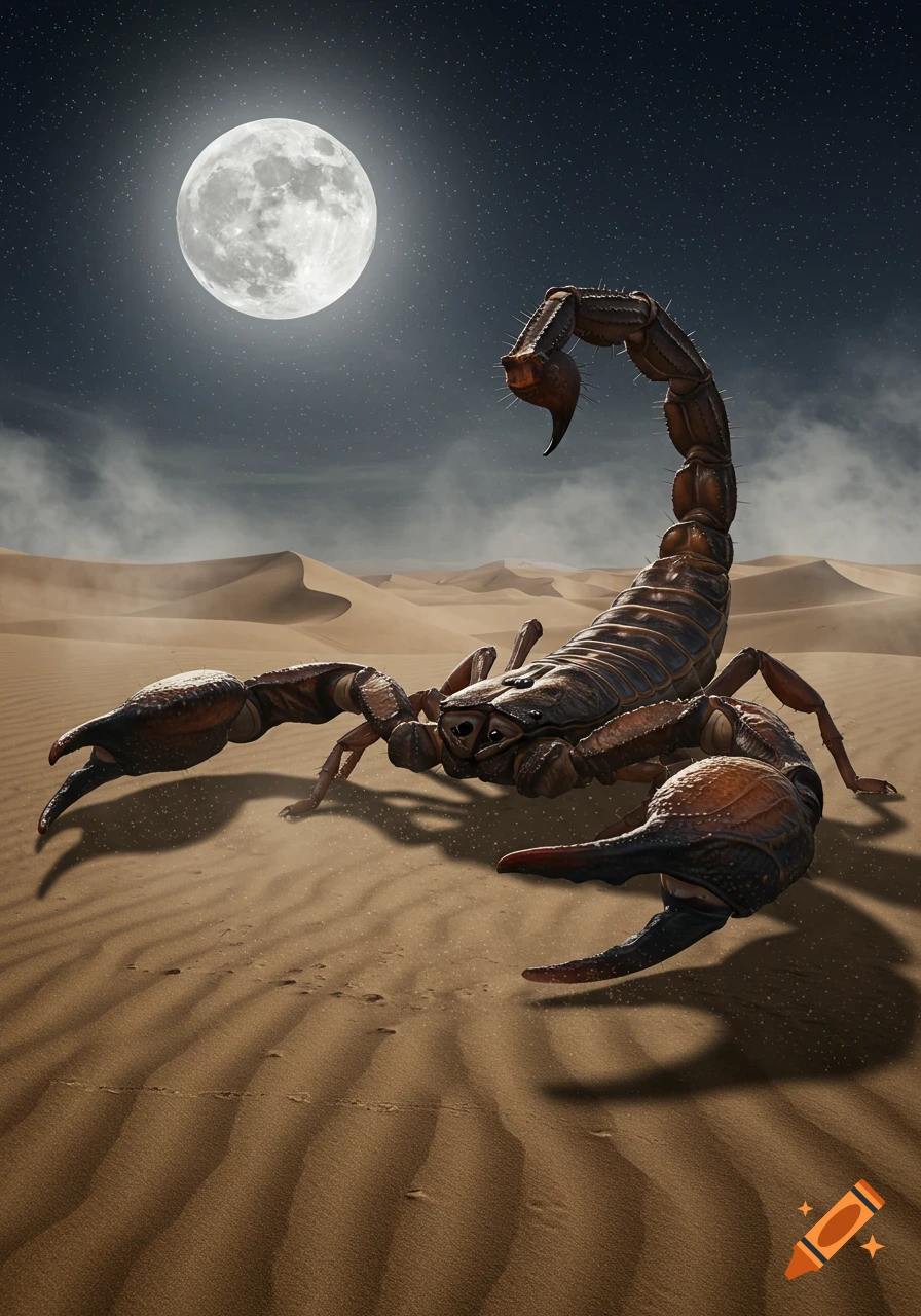 A massive, dark fantasy scorpion with two tails on cracked desert ...