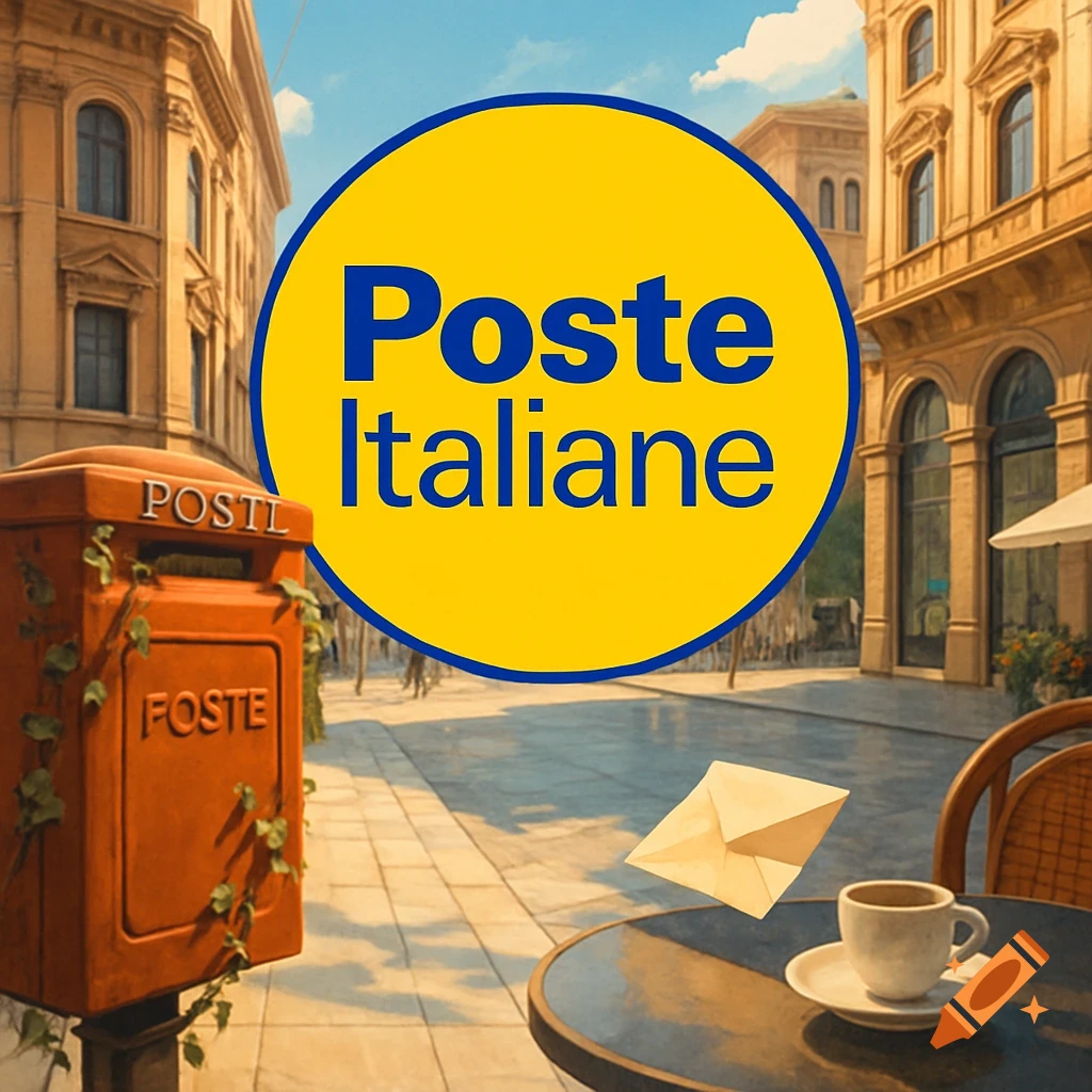 An Italian street scene with a bright yellow circle logo for 'Poste ...