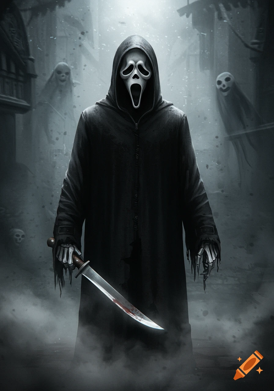 A black and white scribbled line art sketch of the Ghostface mask ...