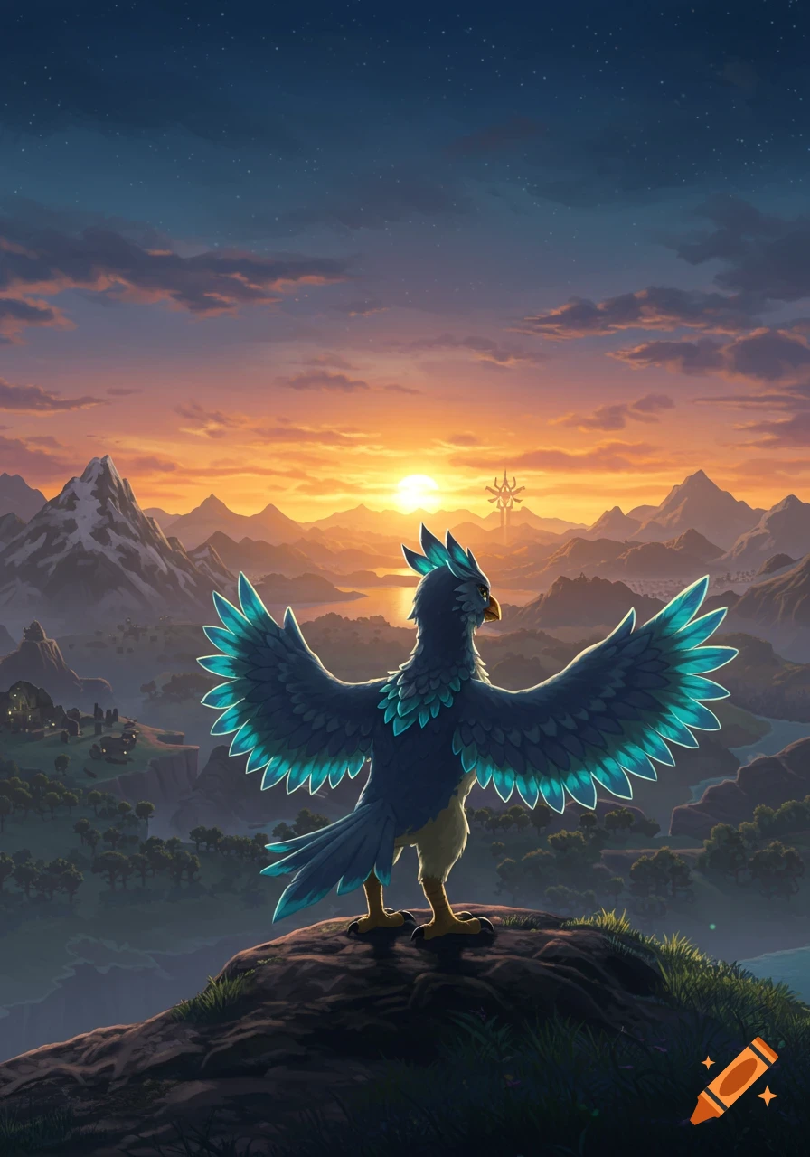 An illustrated giant red, white, and blue Braviary and its male trainer ...