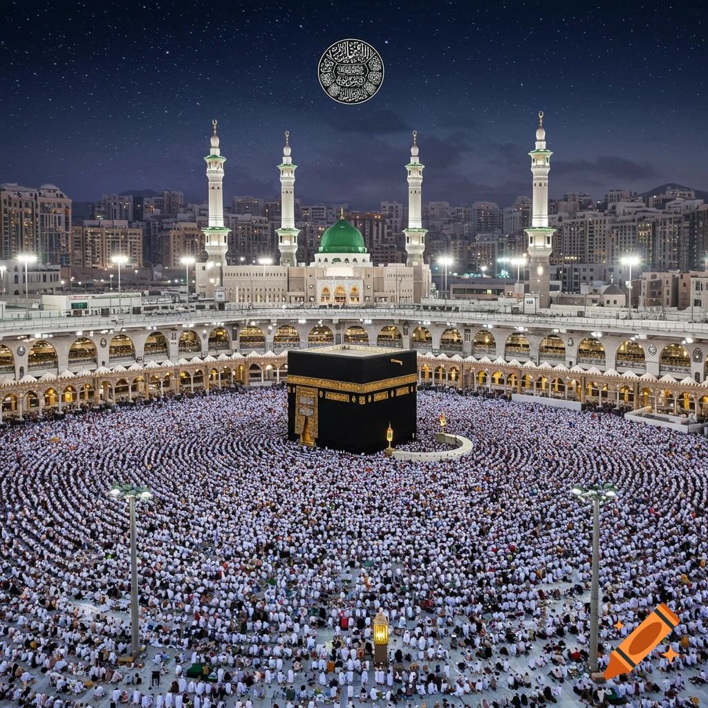 Photorealistic aerial view of the black Kaaba at the Grand Mosque in ...