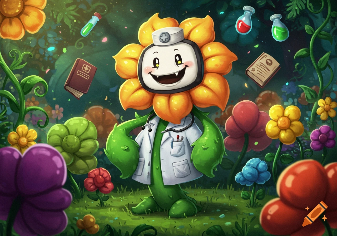 Vibrant illustration of Flowey, a yellow-petaled flower with a wide ...