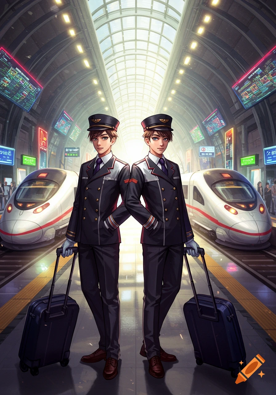 Anime-style illustration of two identical male train conductors in a ...