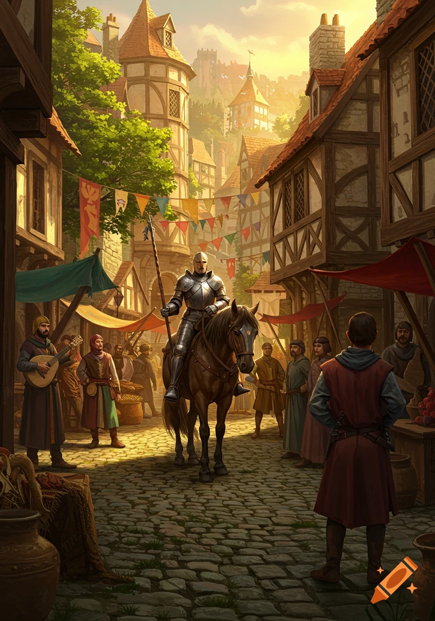 Knights on horseback joust during a medieval tournament in a crowded ...