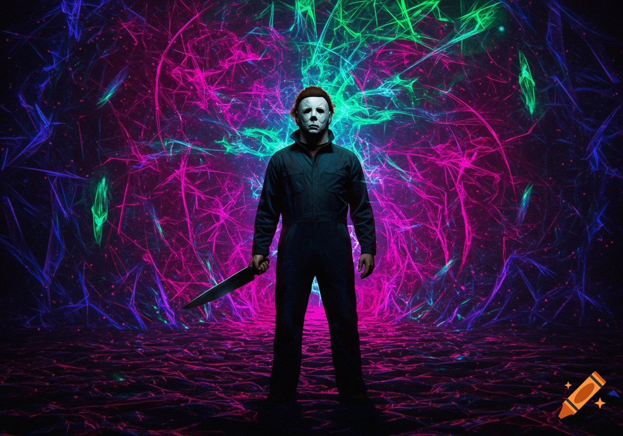 Michael Myers stands with a knife against a vibrant, trippy neon pink ...