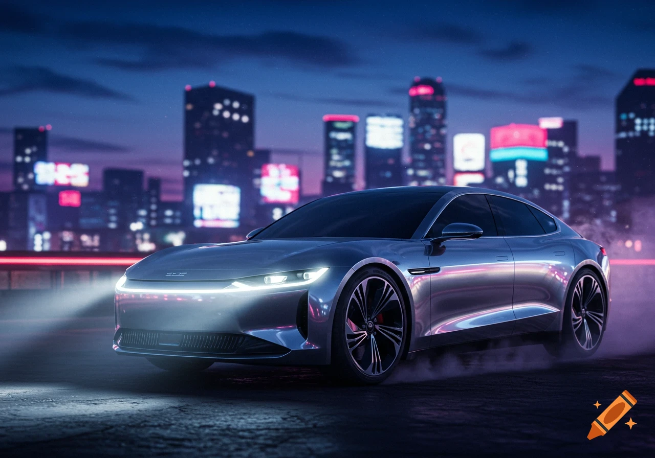 A futuristic, sleek gray van with glowing wheels drives through a neon ...