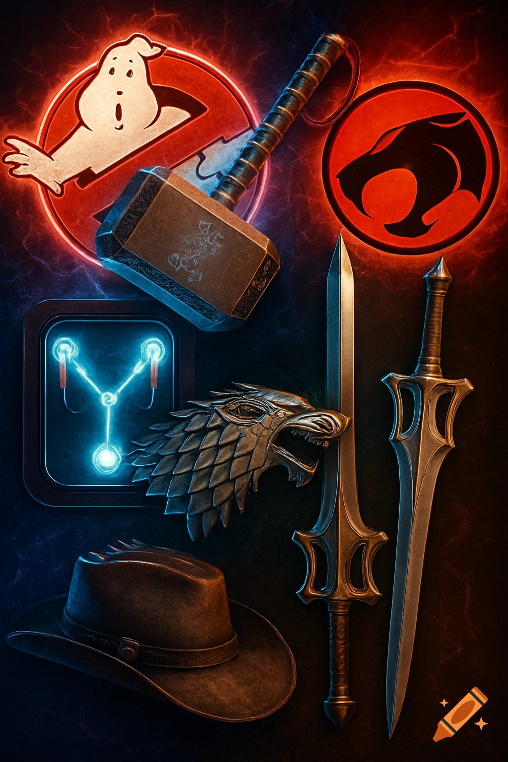 A collage of pop culture artifacts including Ghostbusters logo, Thor's ...