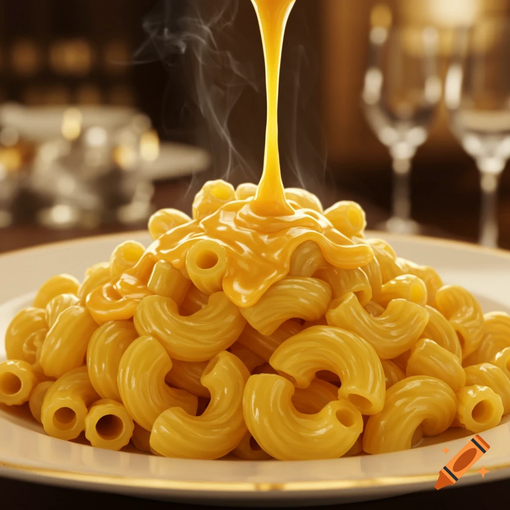 A plate of golden macaroni and cheese with hot cheese sauce pouring ...
