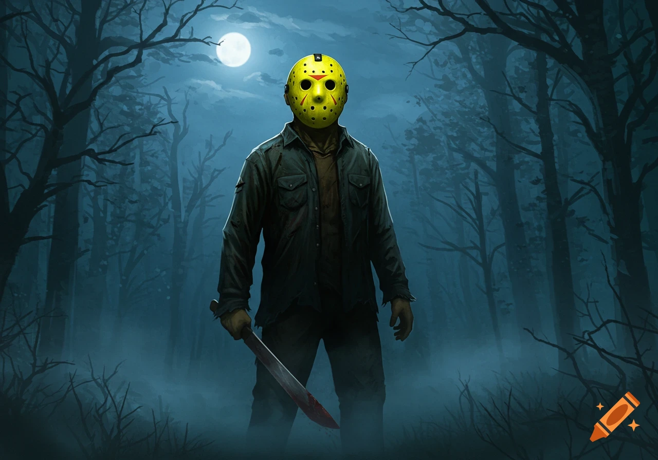 Stylized illustration of Jason Voorhees in a yellow hockey mask ...