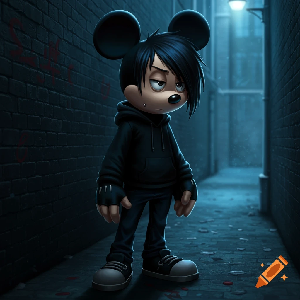 Emo Mickey Mouse in a dark alleyway, looking sad, wearing a black ...
