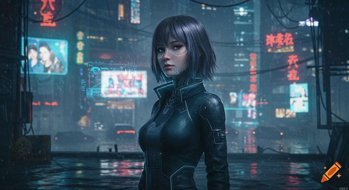 Female model wearing a futuristic, tactical cyberpunk outfit with ...