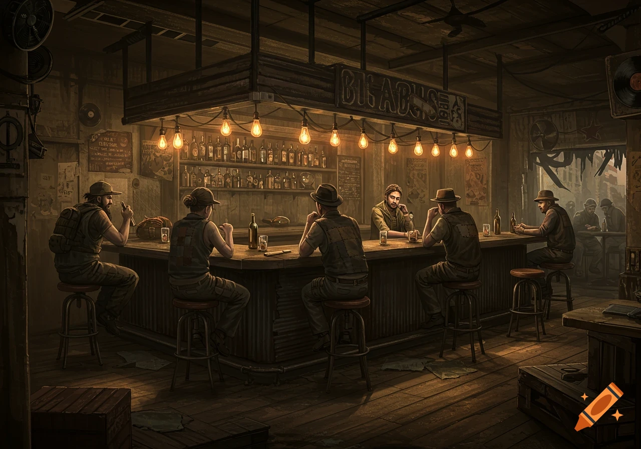 A dimly lit, rustic bar scene where several people in utilitarian ...
