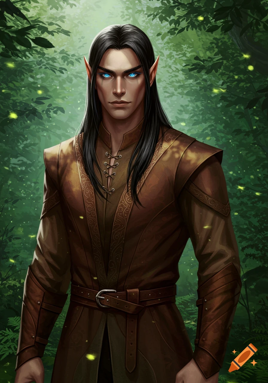 A stern-faced male elf with long black hair, bright blue eyes, and ...