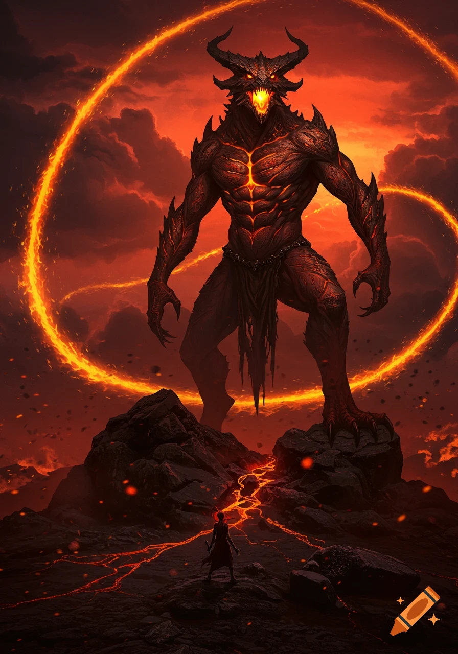 A giant horned demon with glowing fiery skin stands over a small human ...