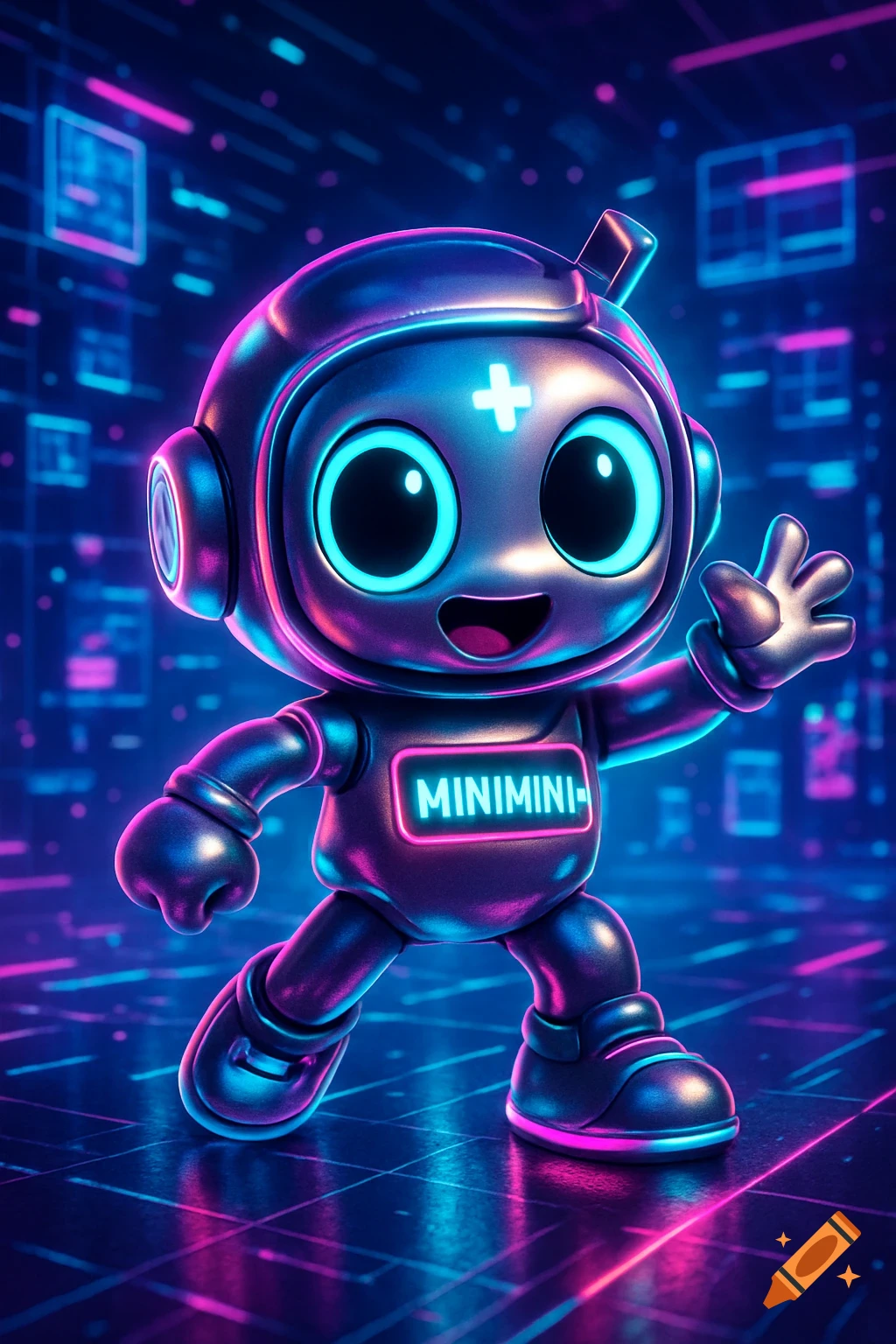 A cute, metallic robot with big glowing blue eyes and a neon chest ...