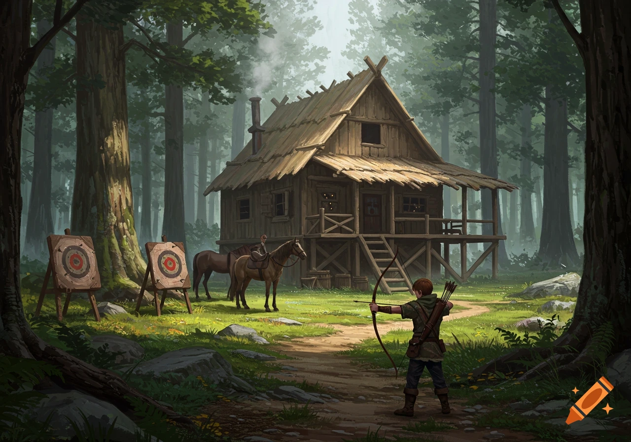 Fantasy art of a hunter aiming a bow at targets in a forest clearing ...
