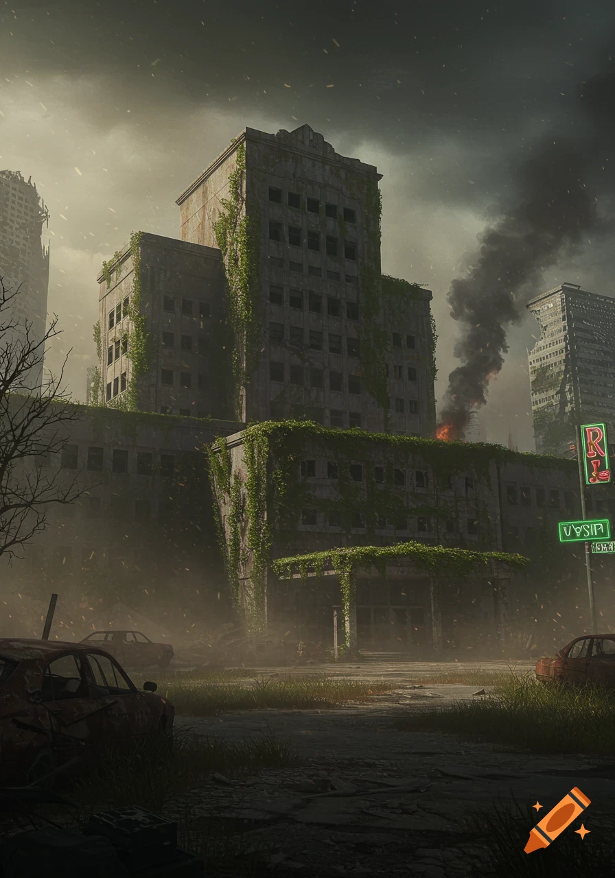 Photorealistic image of an overgrown, ruined hospital in a misty, post ...